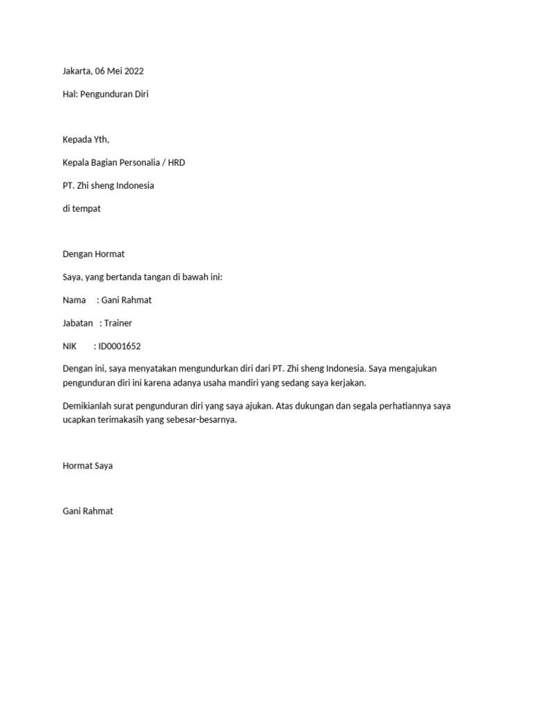 Surat Pengunduran Diri (GANI RAHMAT) | PDF