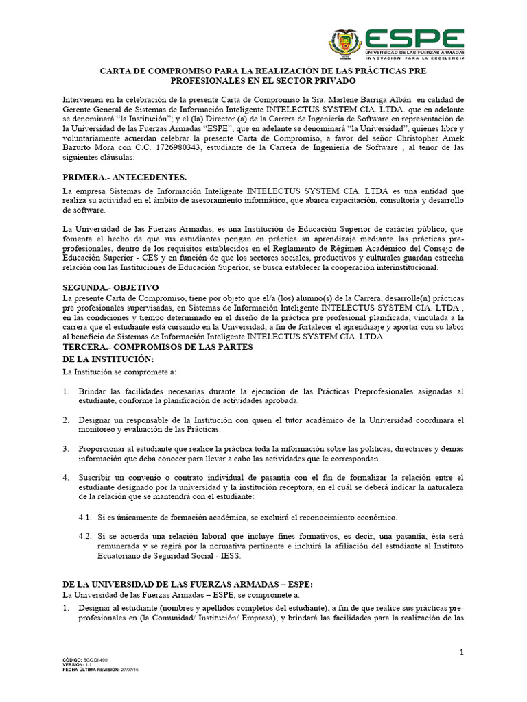 01 Christopher Bazurto Carta Compromiso INTELECTUSSYSTEM | PDF | Agencia Central de Inteligencia