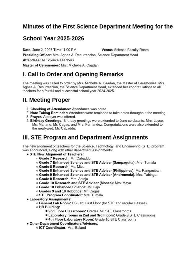 First Science Department Meeting 25-26 | PDF | Classroom | Lesson Plan