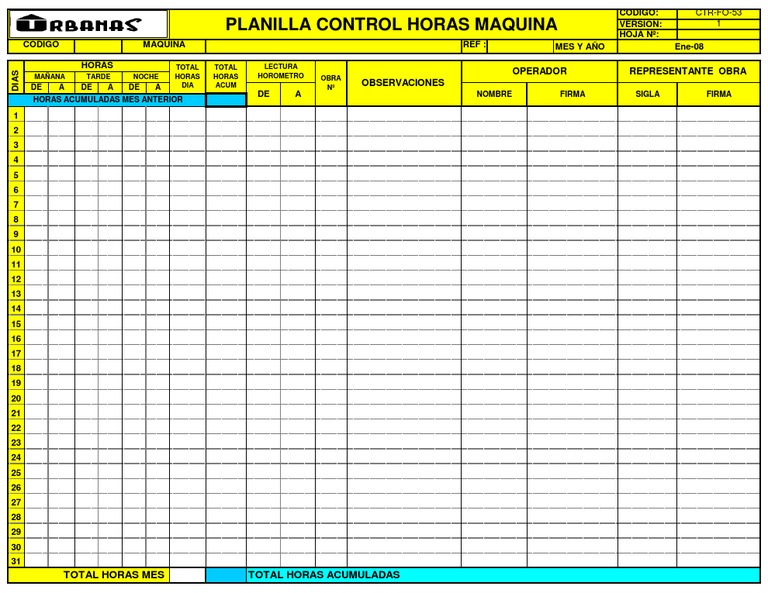 Planilla Control Horas Maquina
