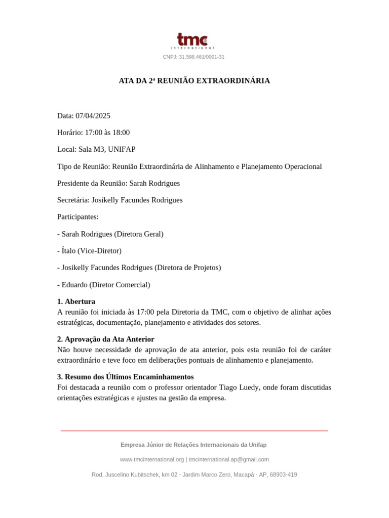 Ata TMC 07-04-2025 Revisada | PDF | Planejamento