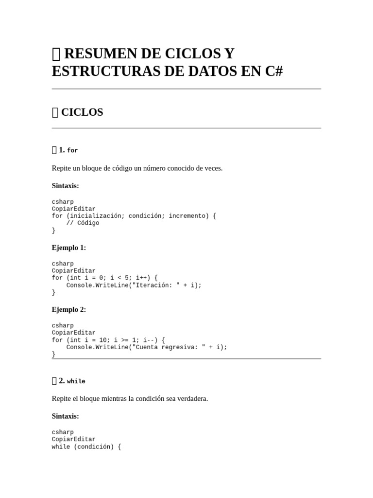Resumen de Ciclos y Estructuras de Datos en C | PDF | C Sharp (lenguaje de programación ...