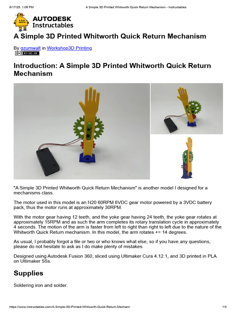 A Simple 3D Printed Whitworth Quick Return Mechanism - Instructables ...