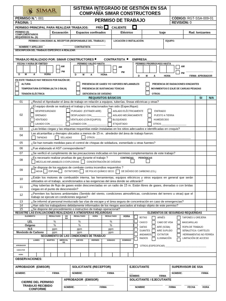 RGT-SSA-009-01 Registro para Permiso de Trabajo. | PDF | Dióxido de carbono | Oxígeno