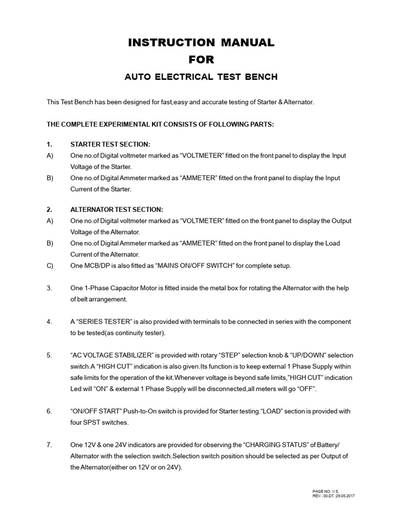 Auto Electrical Test Bench Manual | PDF | Manufactured Goods | Electricity