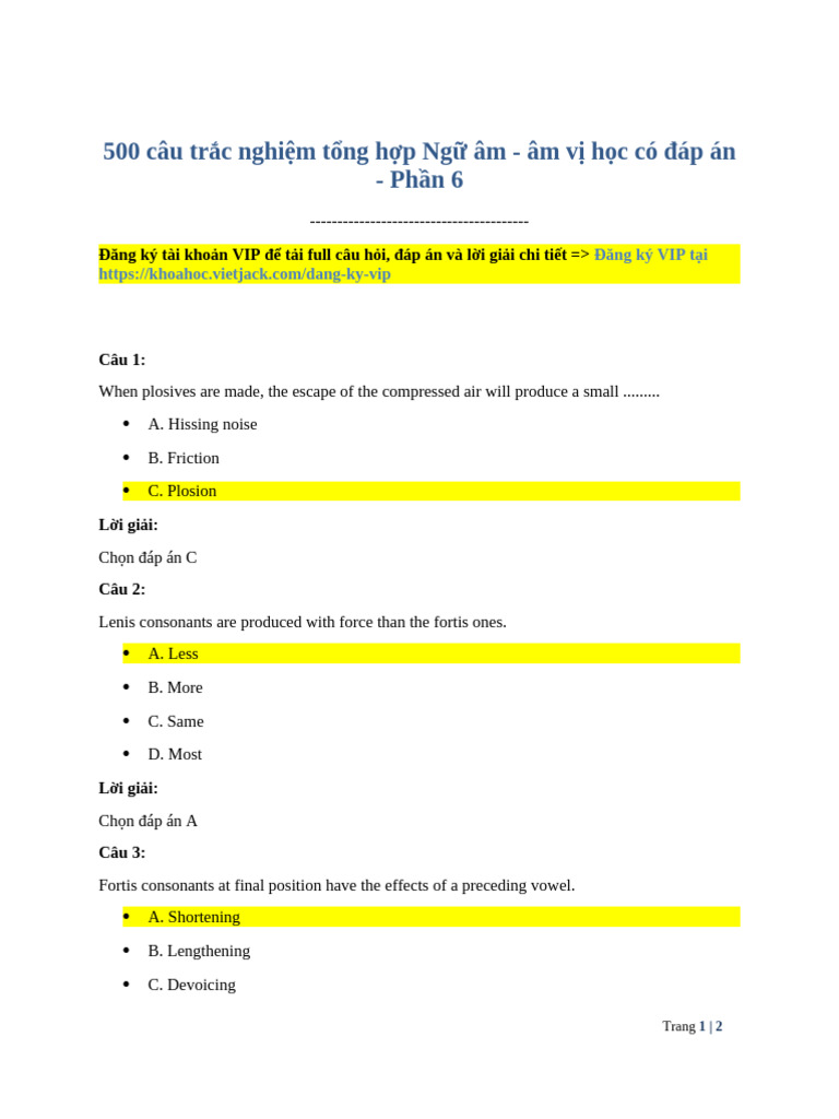 500 Cau Trac Nghiem Tong Hop Ngu Am Am VI Hoc Co Dap An Phan 6 - 2025 - 06 - 16 | PDF