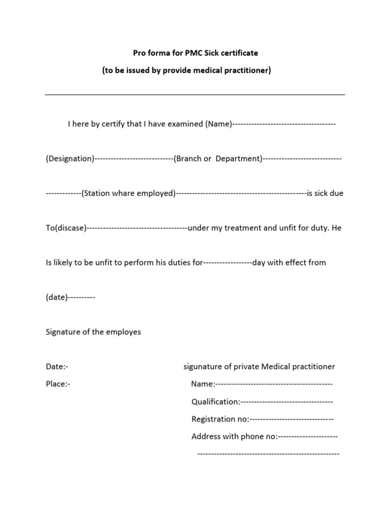 Pro Forma For PMC Sick Certificate | PDF