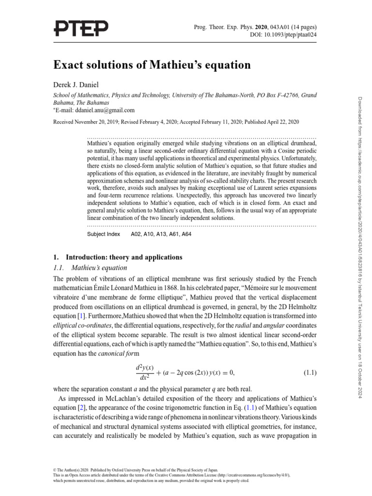 Exact Solutions of Mathieu's Equation | PDF | Mathematical Objects ...