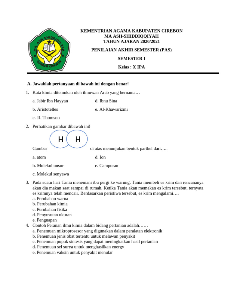 Soal PAS Kelas X IPA (Kimia) | PDF