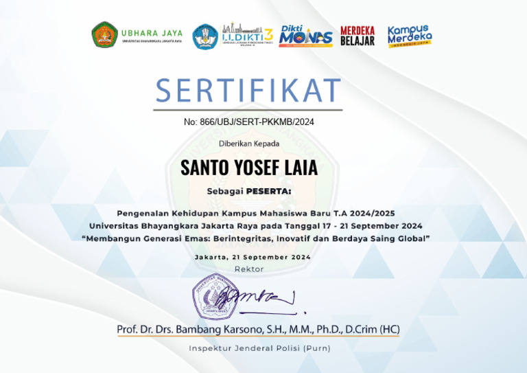 E-Sertifikat PKKMB 2024 - 2025 Santo Yosef Laia | PDF