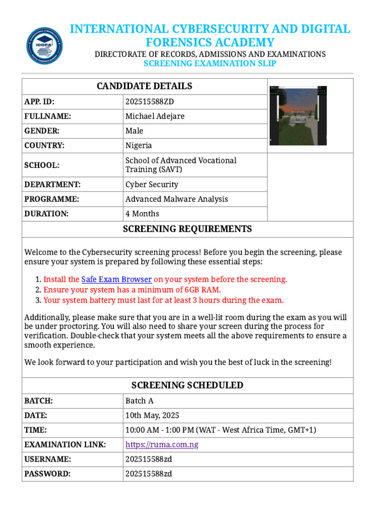 Screening Result Slip - Online Student Admission System | PDF