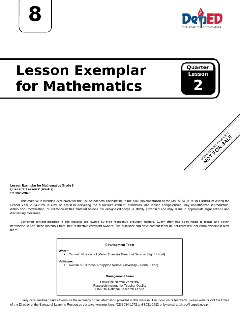 Grade 8 Math Lesson Exemplar: Quarter 1 | PDF | Algebra | Polynomial
