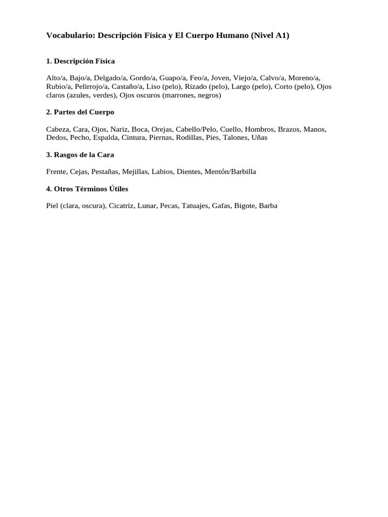 Vocabulario de Descripción Física Humana | PDF