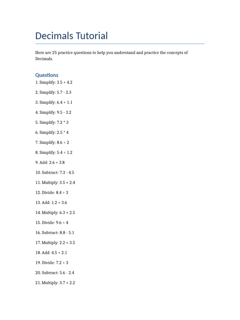 Decimals Practice Questions Guide | PDF