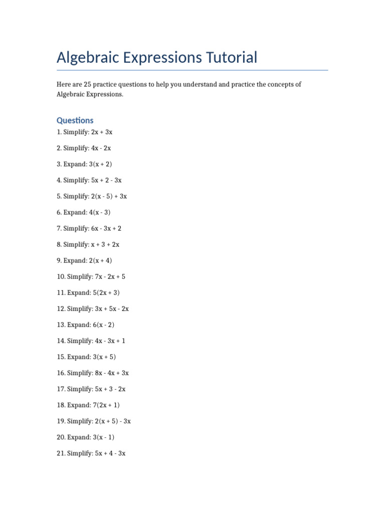 Algebraic Expressions Practice Questions | PDF
