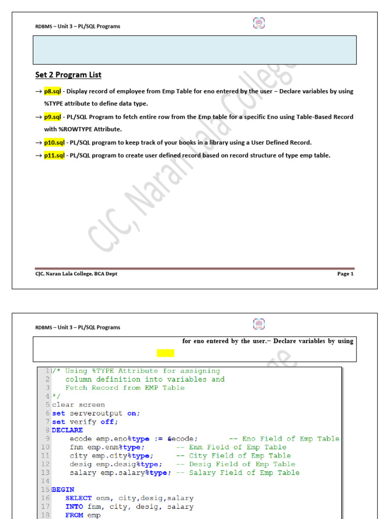 2 PLSQL Programs Set 2-8-11 | PDF