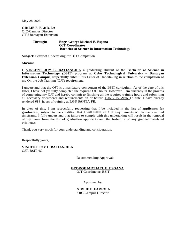 OJT Completion Letter for BSIT Student | PDF