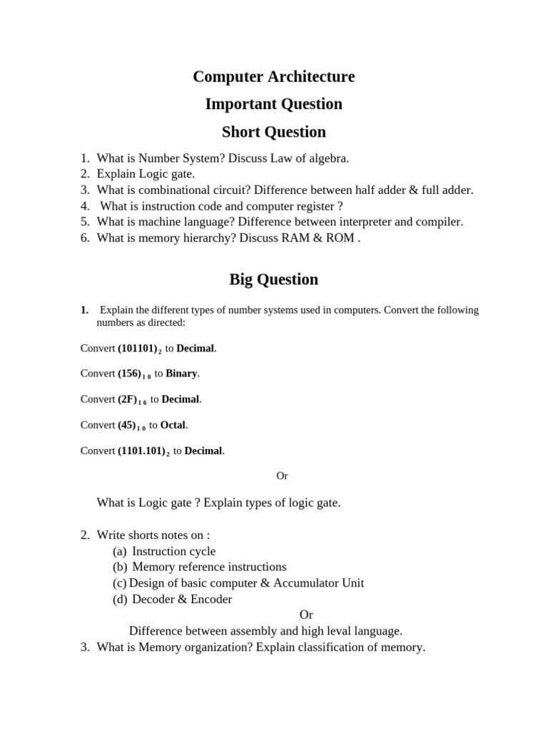 Computer Architecture Important Question | PDF