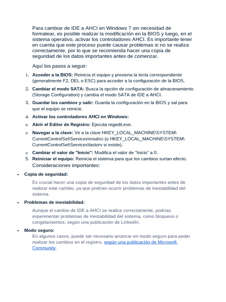 Para Cambiar de IDE A AHCI en Windows 7 Sin Necesidad de Formatear | PDF