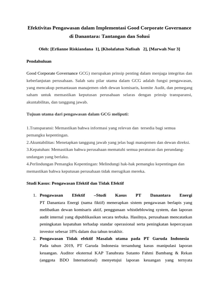 Efektivitas Pengawasan Dalam Implementasi Good Corporate Governance Di Danantara: Tantangan Dan ...
