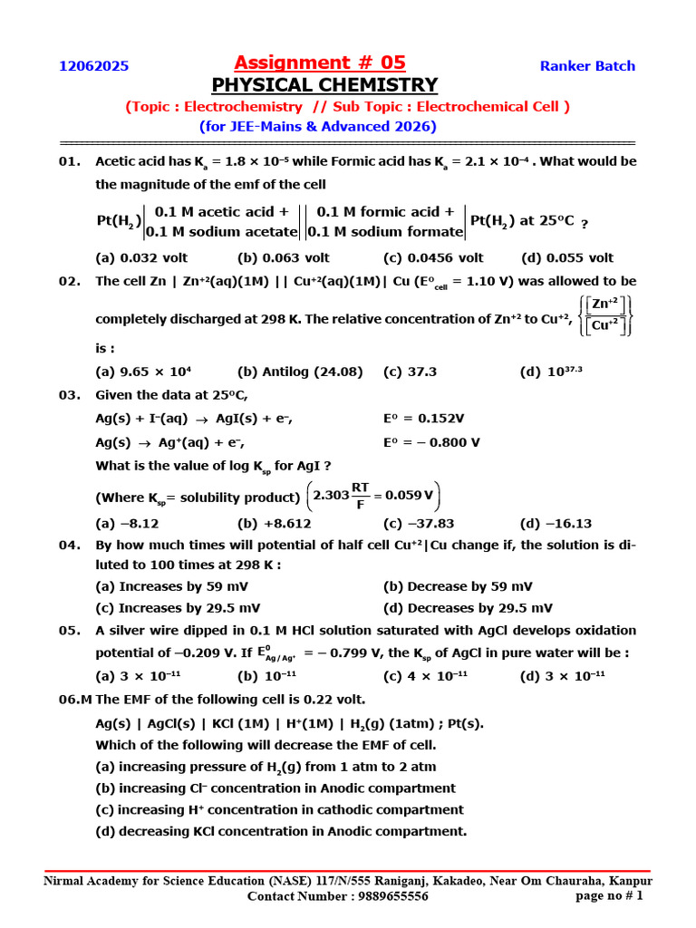 Assignment 05 Electrochemistry Electrochemical Cell | PDF | Electrochemistry | Physical Sciences