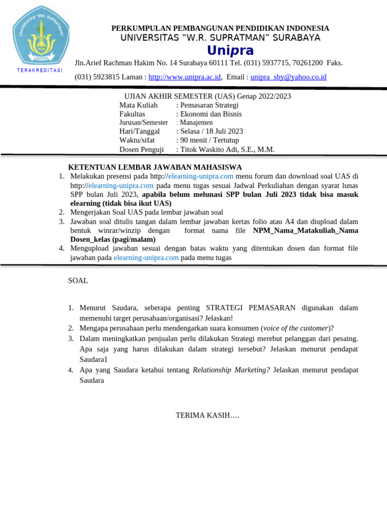 UAS Strategi Pemasaran Genap 2022 | PDF