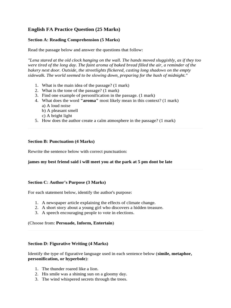 English FA Practice Question | PDF