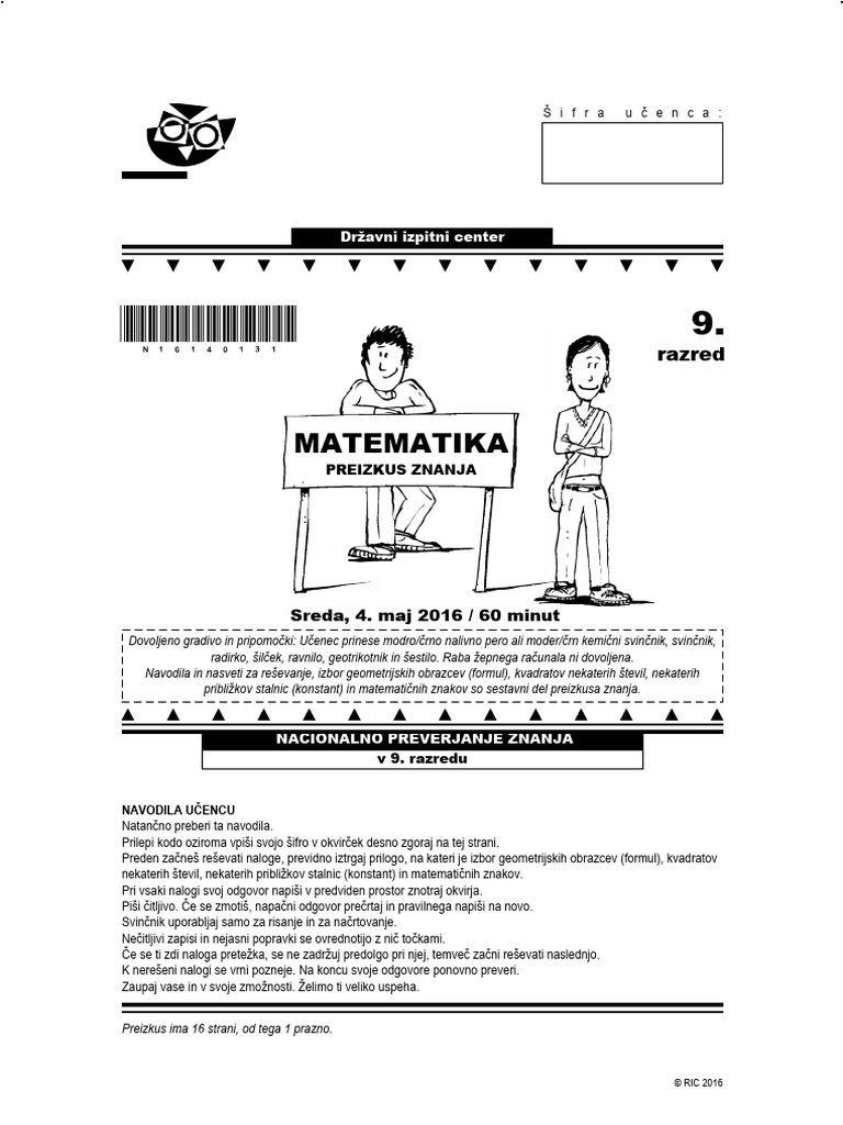 Mat NPZ Ob3 Preizkus Znanja 2016 Redni Rok 01 | PDF