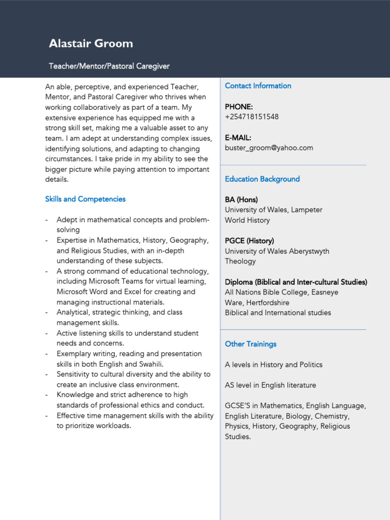 CV Alastair Groom 666ffe87473cea2ab4cae971 | PDF | Teachers | Curriculum