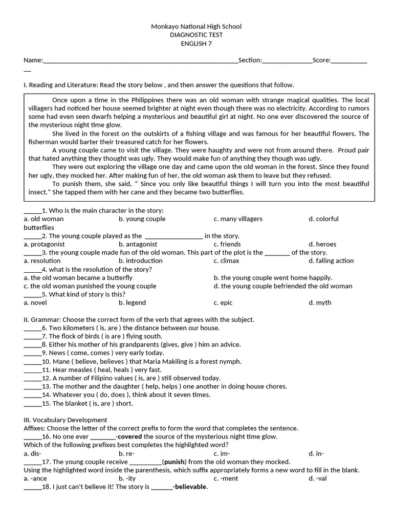 English 7 Diagnostic Test for Students | PDF | Idiom