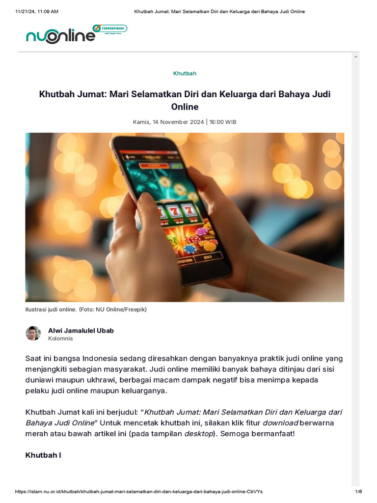 Khutbah Jumat - Mari Selamatkan Diri Dan Keluarga Dari Bahaya Judi Online | PDF