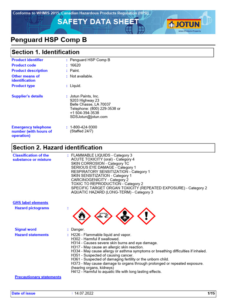 Safety Data Sheet for Penguard HSP Comp B | PDF | Toxicity | Allergy