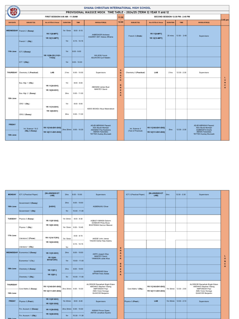 WASSCE 2024/2025 Mock Timetable | PDF | Writing