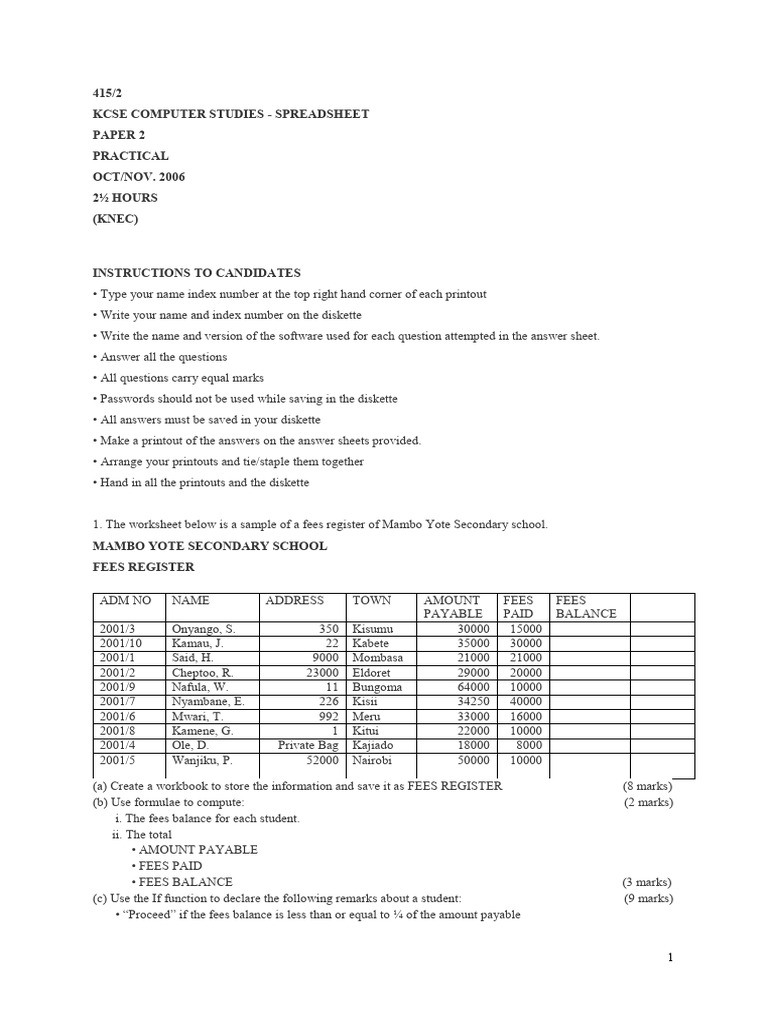 Spreadsheet 2006 2021 Kcse Computer Studies Practical 2 | PDF