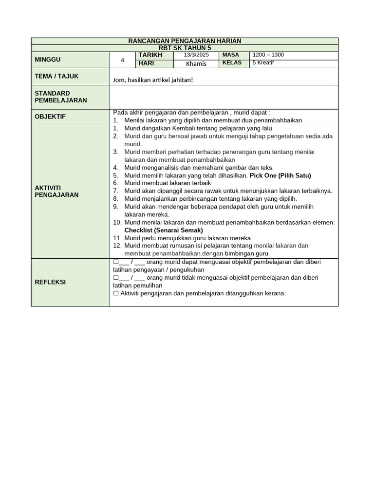 Contoh RPH RBT Tahun 5 | PDF