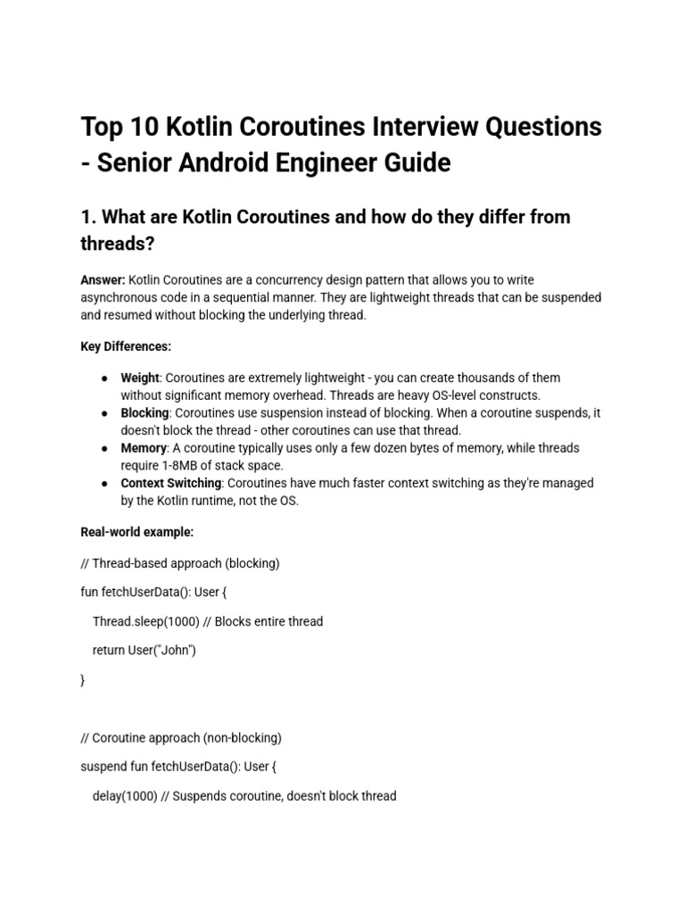 Top 10 Kotlin Coroutines Interview Questions Pdf Thread Computing Computer Architecture