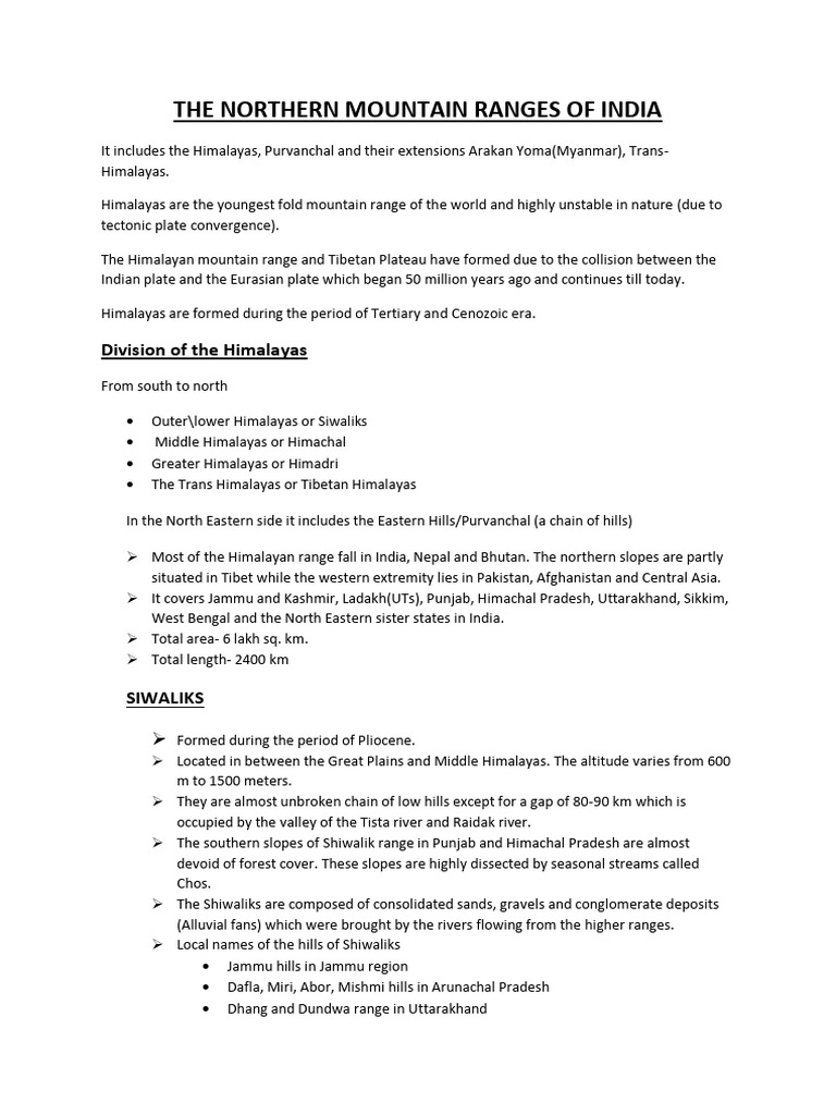 The Northern Mountain Ranges of India (Indian Geography) | PDF ...