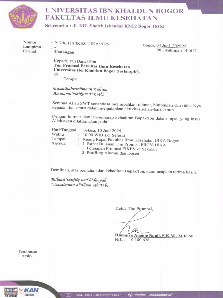 917.K11.FIKES - Uika.2025 (Undangan Rapat Tim Promosi) | PDF