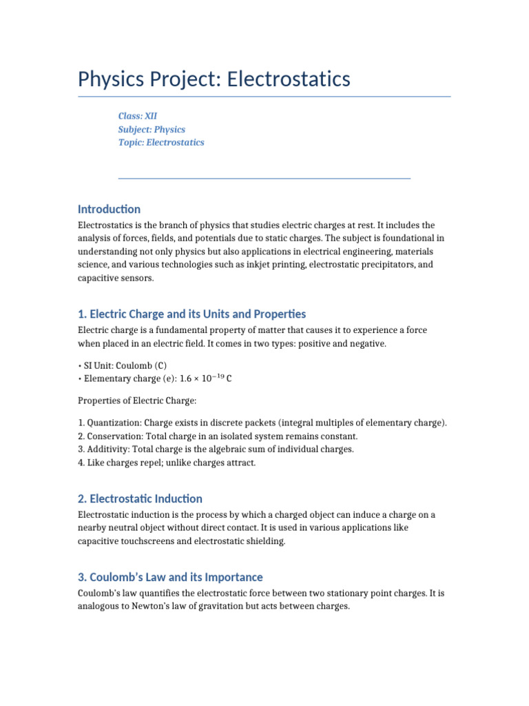 Class 12 Physics Project Electrostatics | PDF | Electric Field ...