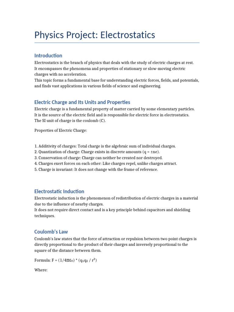 Physics Project Electrostatics | PDF | Electric Field | Electric Charge