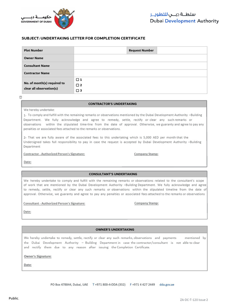 DDA - Undertaking Letter For Completion Certificate Issuance | PDF ...