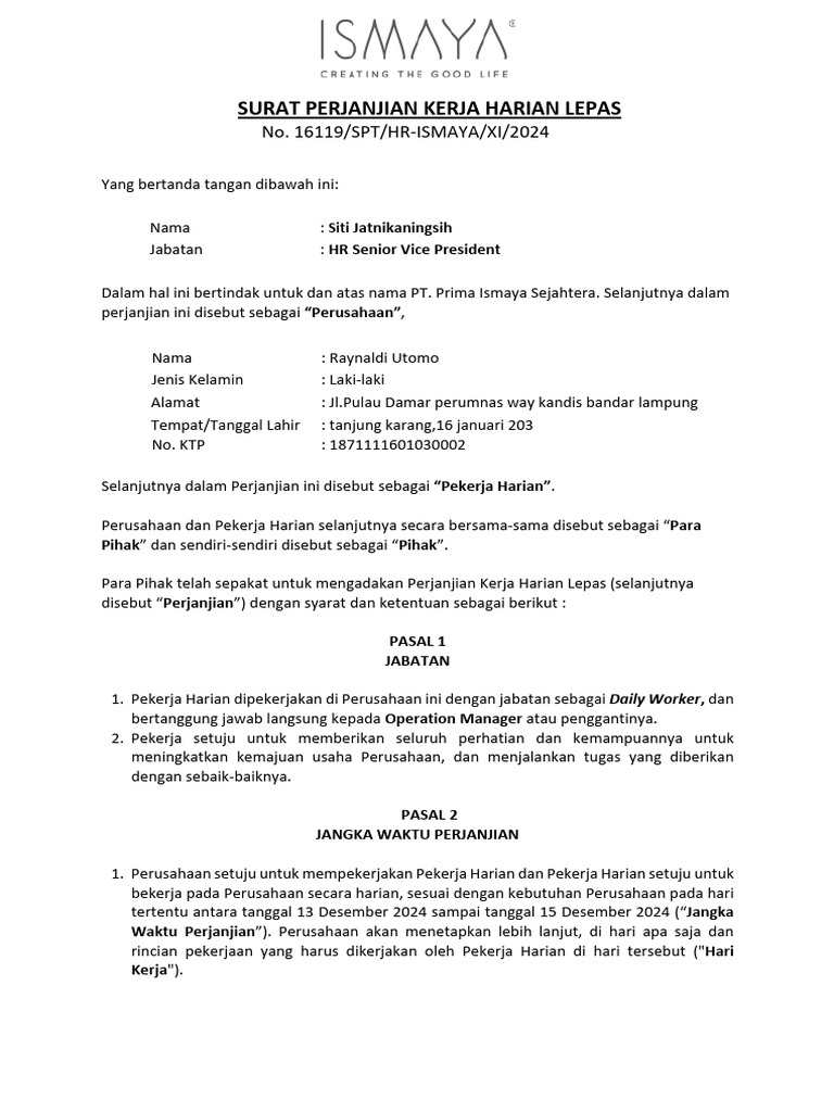 Raynaldi Utomo - DW DWP - Surat Perjanjian Kerja Harian (L) - 20 | PDF