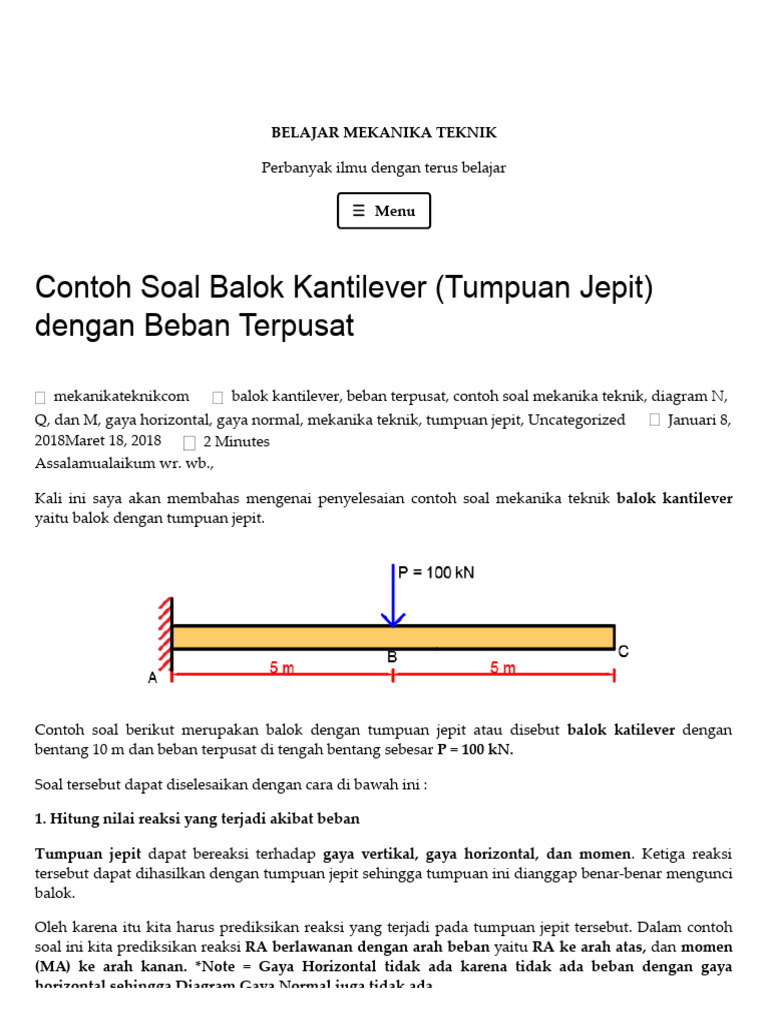 Contoh Soal Balok Kantilever (Tumpuan Jepit) Dengan Beban Terpusat - BELAJAR MEKANIKA TEKNIK | PDF