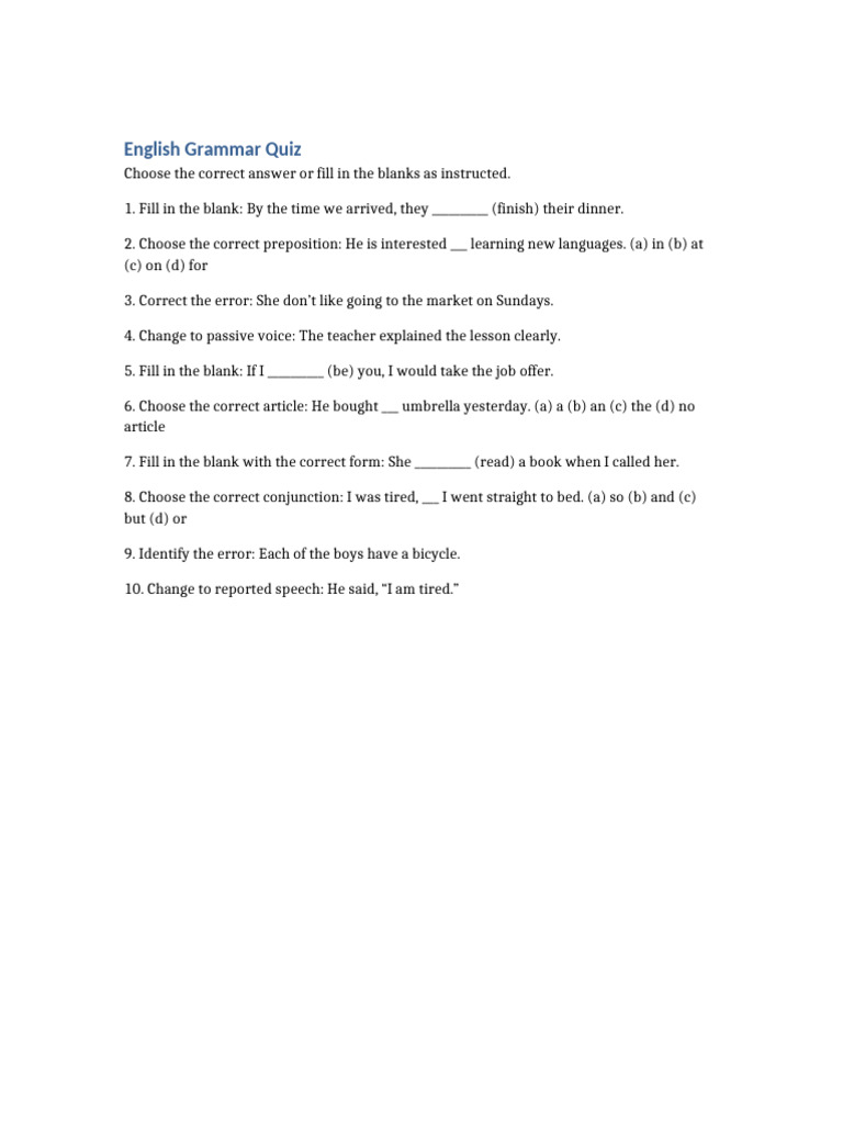 English Grammar Quiz | PDF