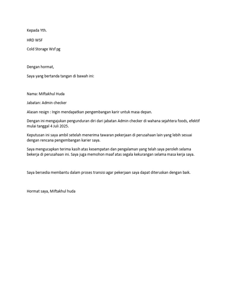 Surat Pengunduran Diri - Miftakhul Huda | PDF