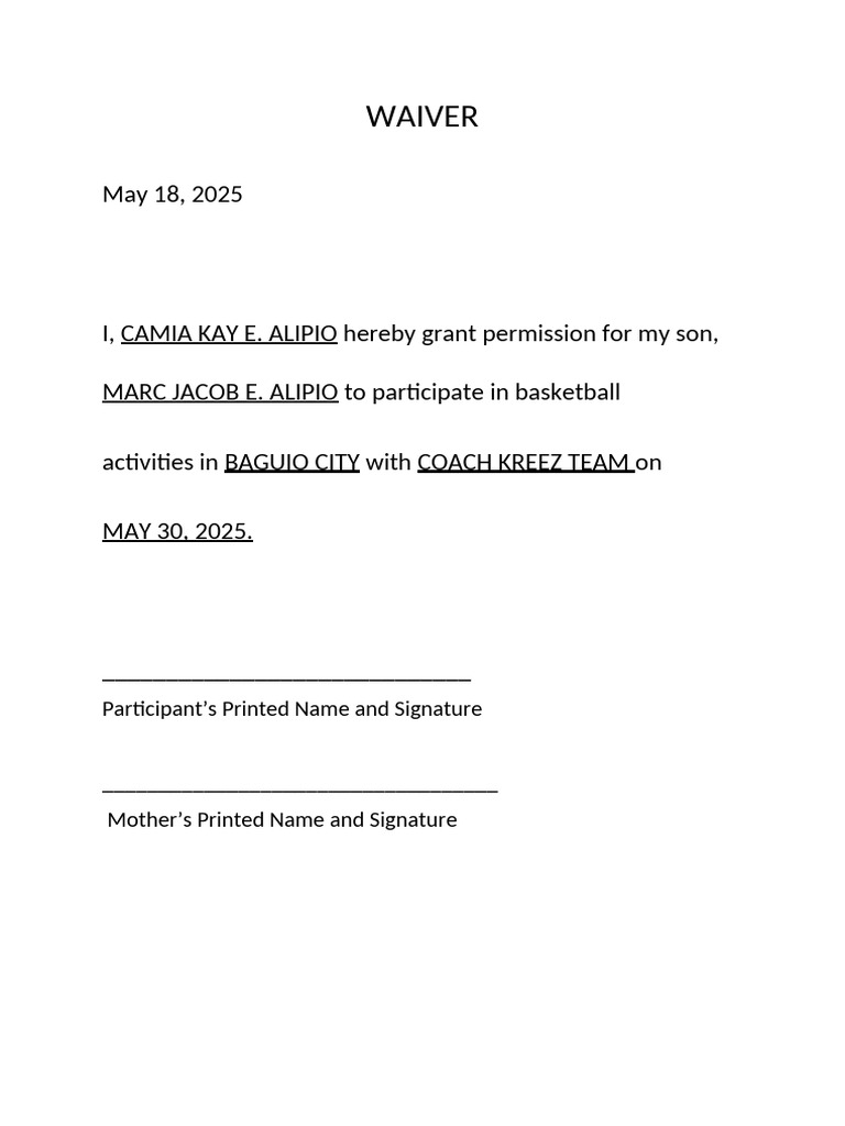 Basketball Waiver | PDF