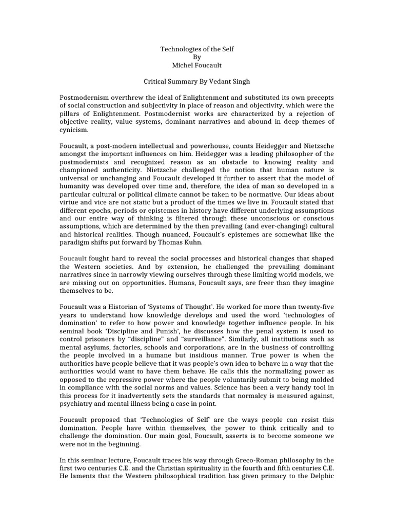 Vedant Singh-Foucault Critical Summary | PDF | Postmodernism | Michel Foucault