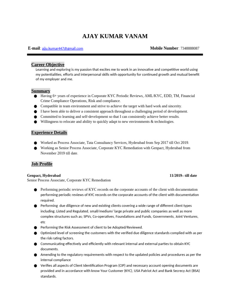 AML - KYC - Ajay CV - 1717342018293 - Ajay | PDF | Business