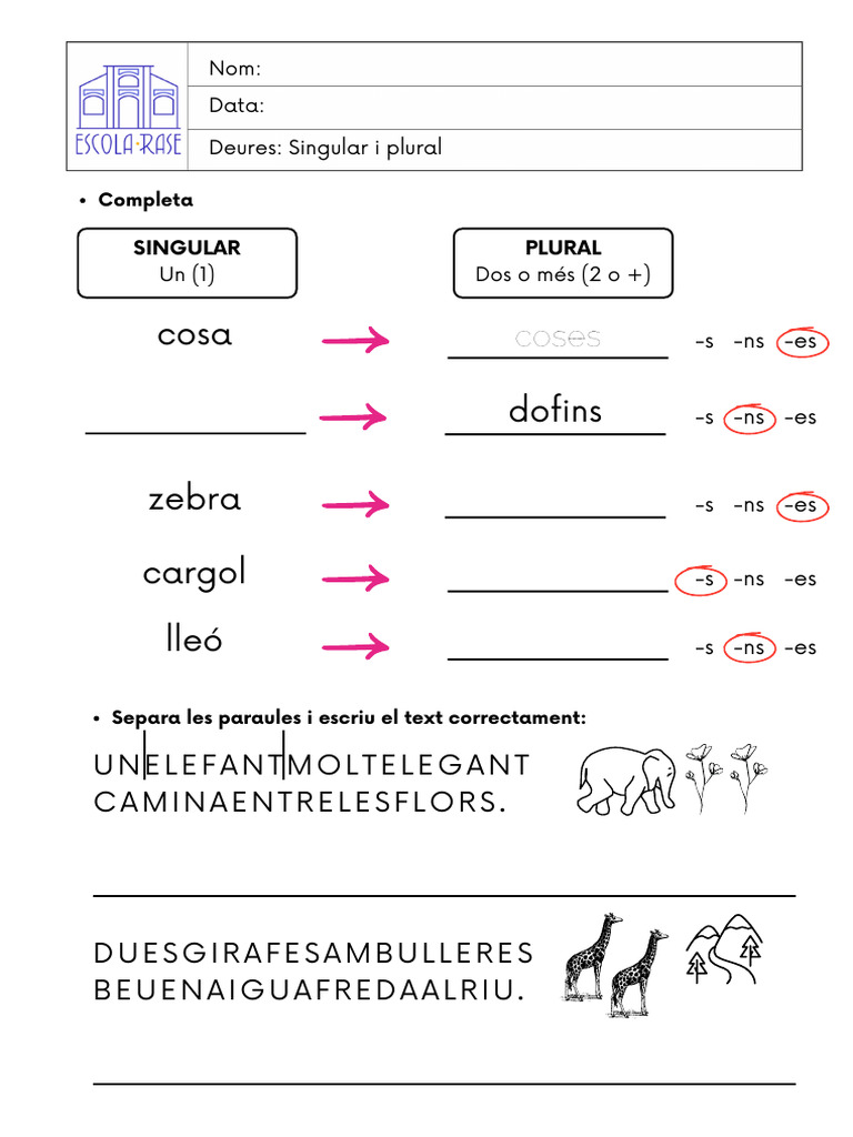 Ariadni and Rosie 2º Deures PLURAL I SINGULAR | PDF
