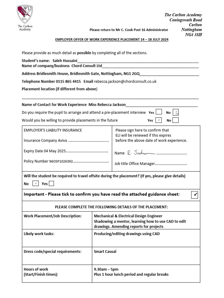 Work Experience Placement Details 2024 | PDF | Employment